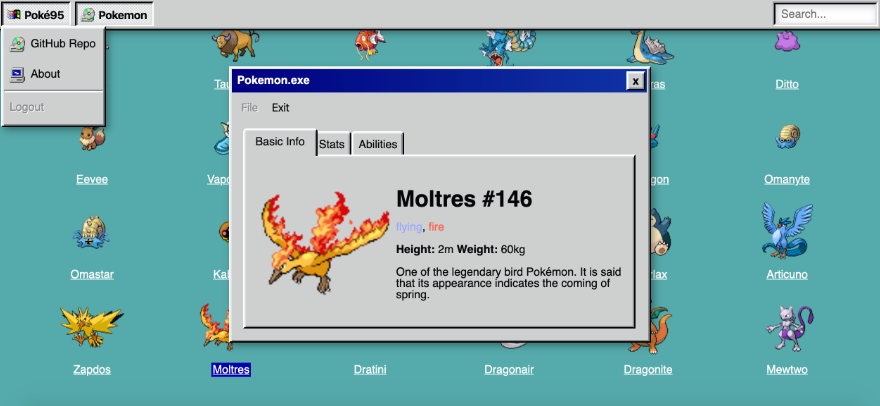 A Windows 95 style Pokédex built with React